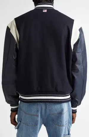 Noon Goons Sayonara Mixed Media Varsity Jacket In Dark Navy - 73